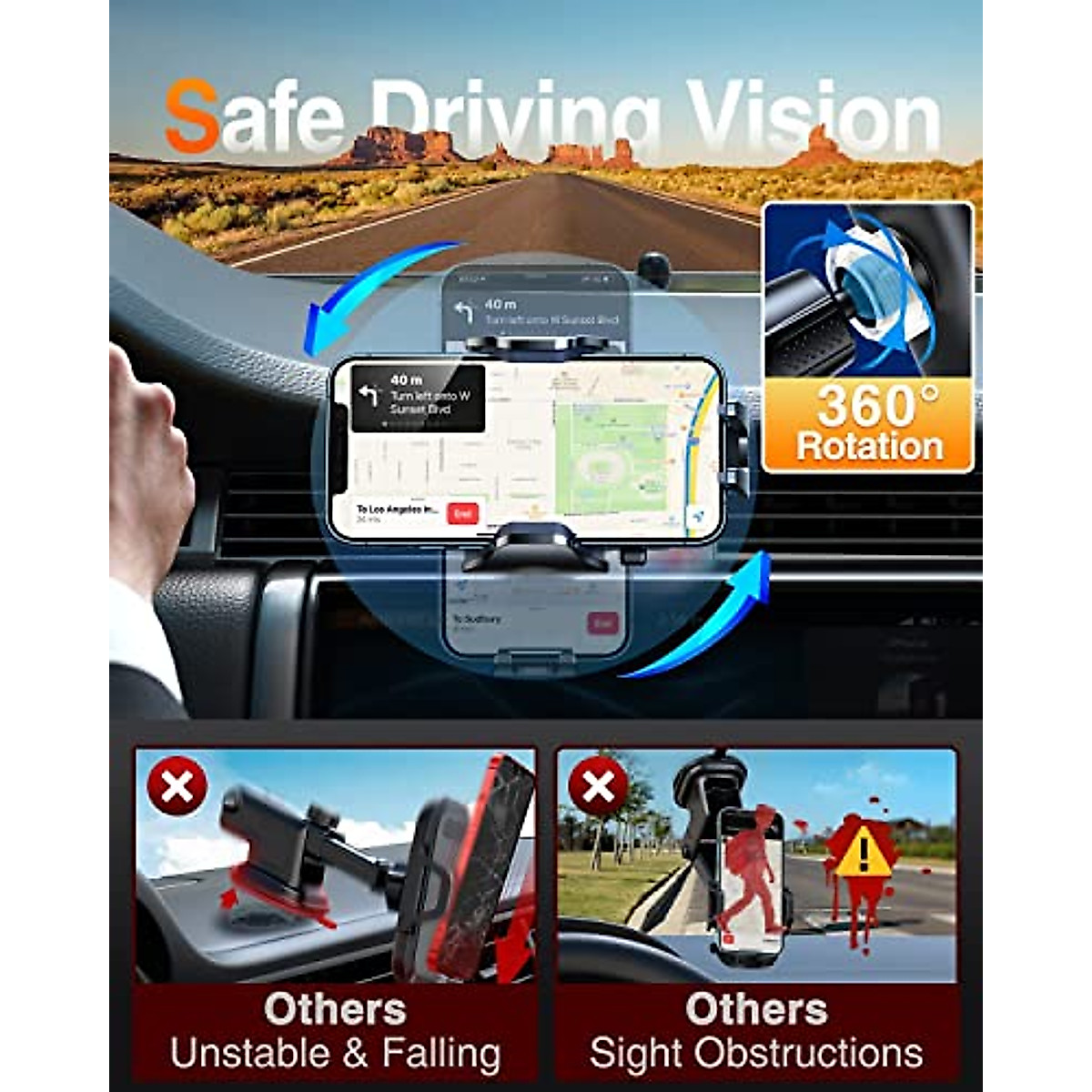 VANMASS Upgraded Car Vent Phone Mount [Patent Steel-Hook] Air Vent Holder Clip Sturdiest Shockproof Universal Mobile Cell Phone Mount Handsfree Stand Cradle for iPhone 14 13 Samsung Galaxy,Black