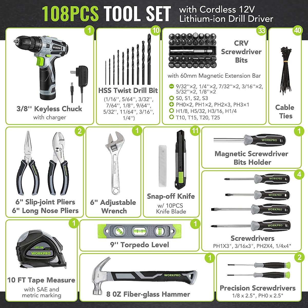 WORKPRO Home Tool Kit with Power Drill, 108PCS Power Home Tool Set with 12V 1.5 Ah Battery Powered Screwdriver and Tool Box, Electric Cordless Drill Set with Keyless Chuck and Variable Speed Trigger