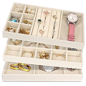 GoodSing Jewelry Display Trays for Drawers, Set of 3 Stackable Jewelry Drawer Inserts Container Display Case Velvet Jewelry Organizer Trays with Removable Dividers