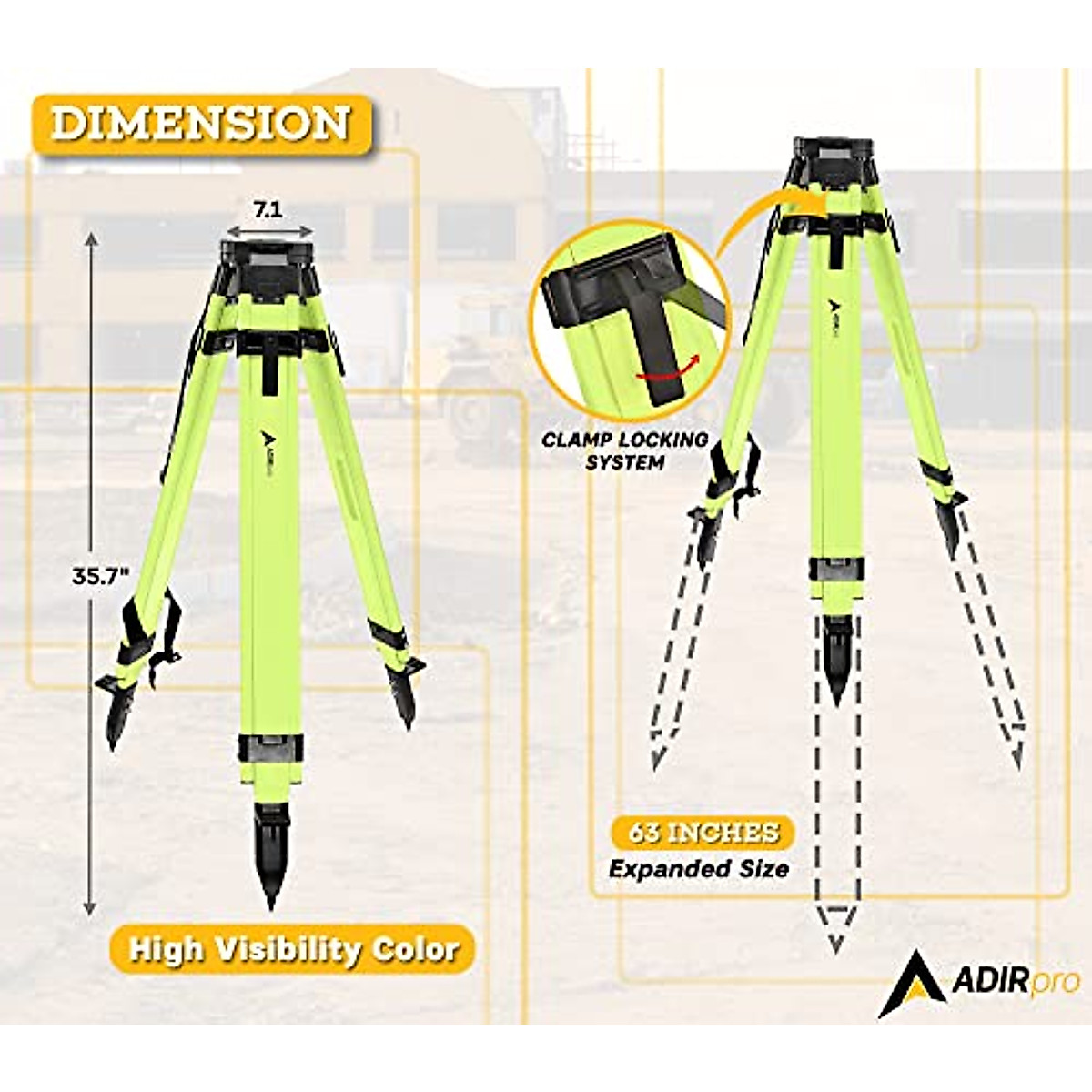 AdirPro High Visibility Universal Survey Tripod – Aluminum Laser Level Tripod – Transit Level Tripod - Quick Clamp - Heavy Duty Contractor Tripod 5/8” x 11” Thread (Green)