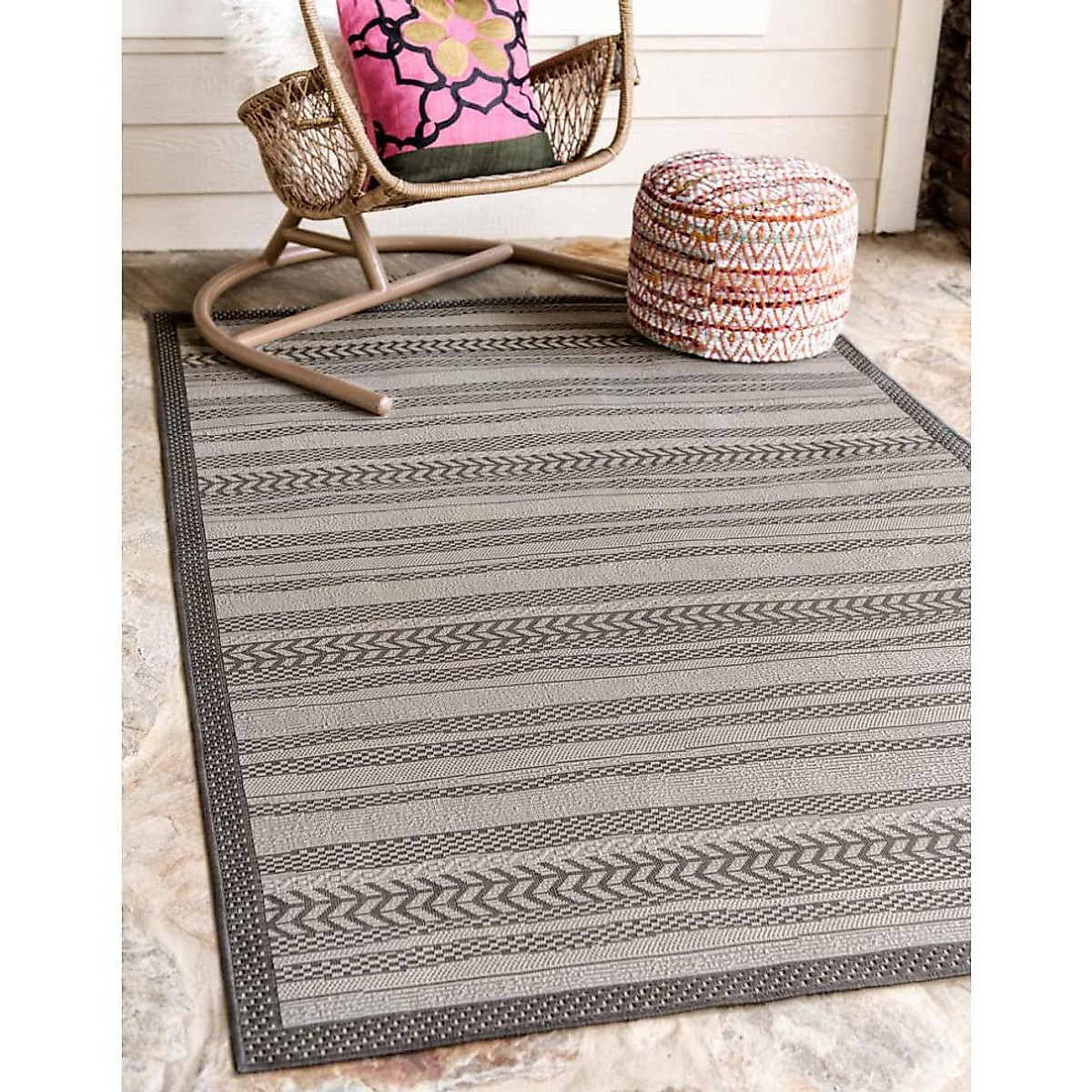 Unique Loom Outdoor Border Collection Transitional Indoor & Outdoor Casual Striped Tonal Moroccan Area Rug, 2 ft 2 in x 3 ft, Gray/Dark Gray