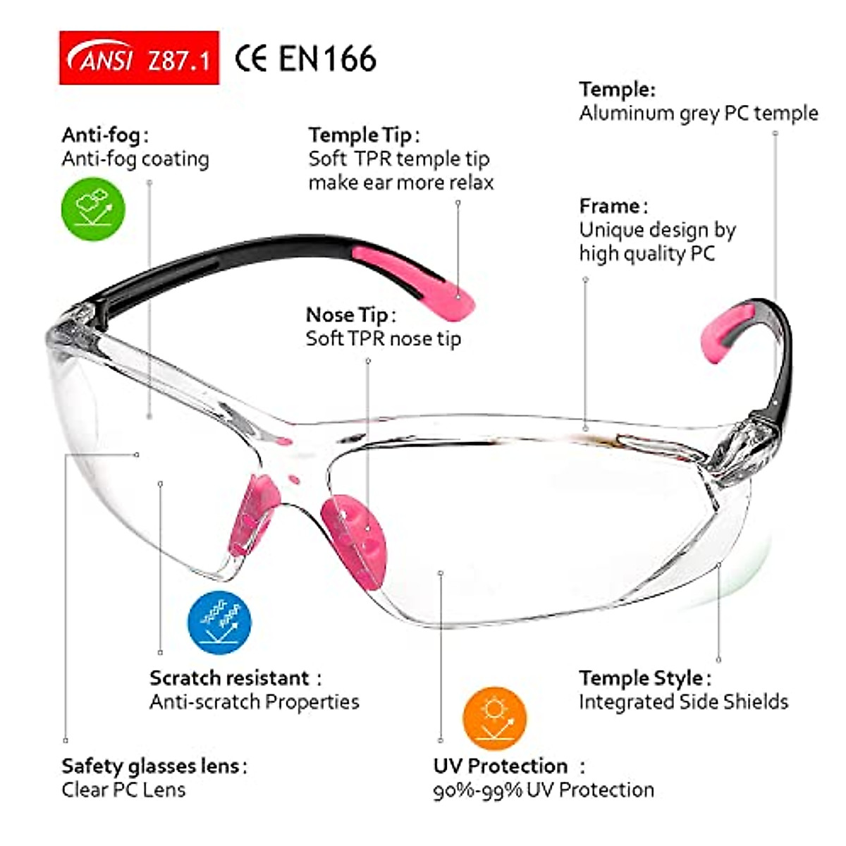 SAFEYEAR Women Safety Glasses Anti Fog Lens,HD Clear Scratch Resistant Work Glasses with Adjustable Straps for Lady, No-Slip Grips,VU Protection for DIY, Lab, Welding,Chemistry(Pink)