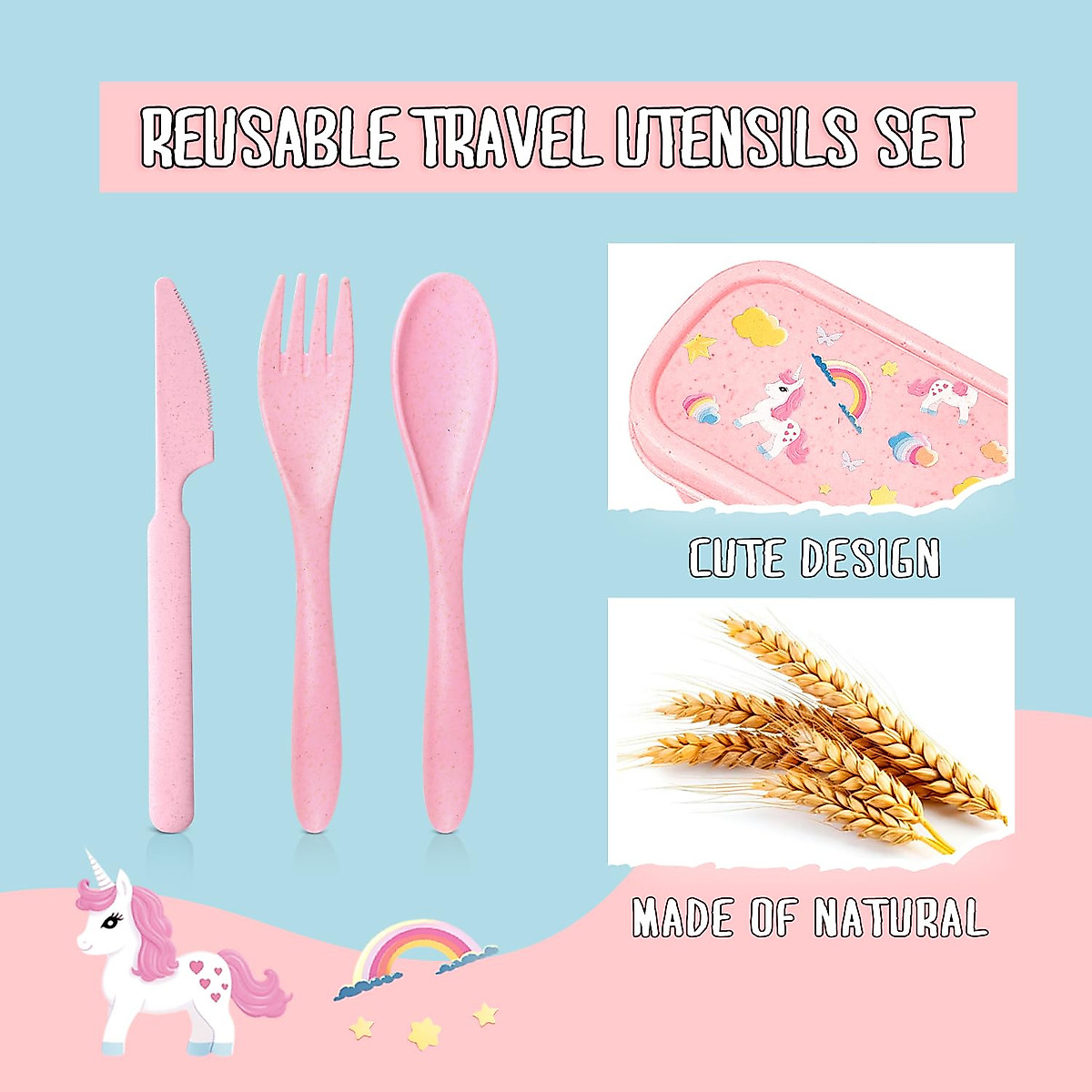 Teivio Plastic Wheat Straw Portable Travel Utensils Set for Kids, Reusable Flatware-Forks Spoons Knives Chopsticks for School Camping with Cute Unicorn Pattern Storage Case (Pink)