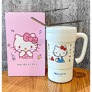 Everyday Delights Hello Kitty Stainless Steel Insulated Cup with Lid, Straw & Stir Stick, 580ml (White)