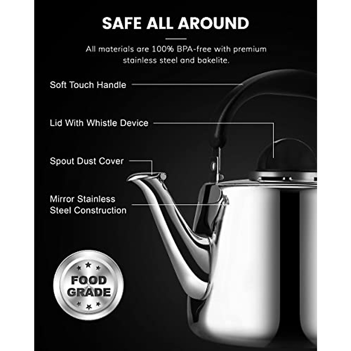 Tea Kettle - 4QT Whistling Tea Pots for Stove Top - Food Grade Stainless Steel Teapot - Classic Stovetop Kettle with Universal Base, Cool Grip Bakelite Handle