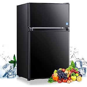 Mini Fridge with Freezer, 3.1 Cu.Ft Refrigerator 2 Doors, Unique Shelf Design, with LED Light, Adjustable Control Thermostat, Small Refrigerator for Bedroom, Office, Dorm, Garage, Black - ‎HPBFR310