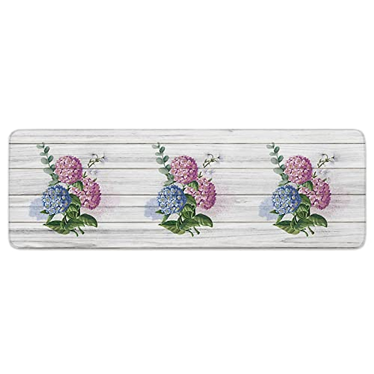 Welcome Doormat,Watercolor Hydrangea Flowers Wood Board Absorbent Non Slip Bath Rug,Spring Floral Art Washable Carpet for Kitchen Bathroom Front Door Entryway Decor 24x71In