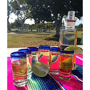 Hand Blown Mexican Tequila Shot Glasses – Set of 6 Cobalt Blue Rim Tequila Shot Glasses (2 oz each)
