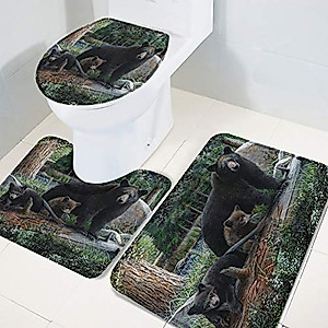 3 Pieces Bathroom Rug Set Rustic Black Family Bears and Cubs 20x32in Non-Slip Absorbent Bathroom Rug 16x20in U-Shape Contoured Toilet Mat Wild Animal Forest 16x18in Toilet Lid Cover for Bathroom