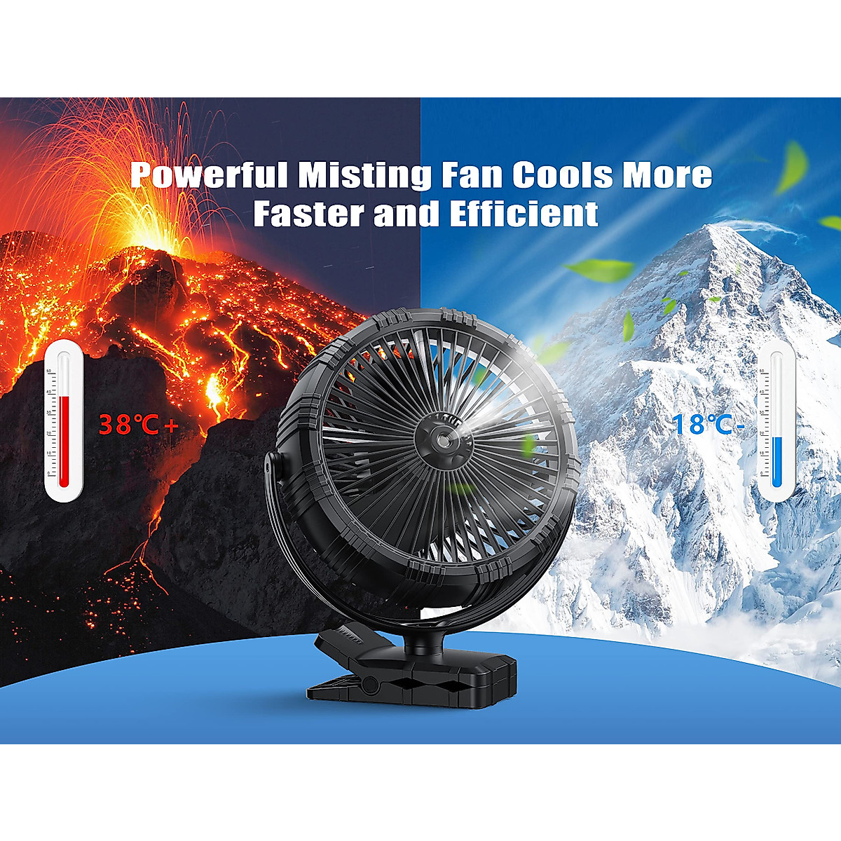 10000mAh Clip on Fan with Misting, Battery Operated Fan with Strong Clamp & Hook, 3 Timer and 2 Spray Way Rechargeable Outdoor Fan, Mister Fan Cooling for Travel Golf Cart Truck Boat Canopy Patio