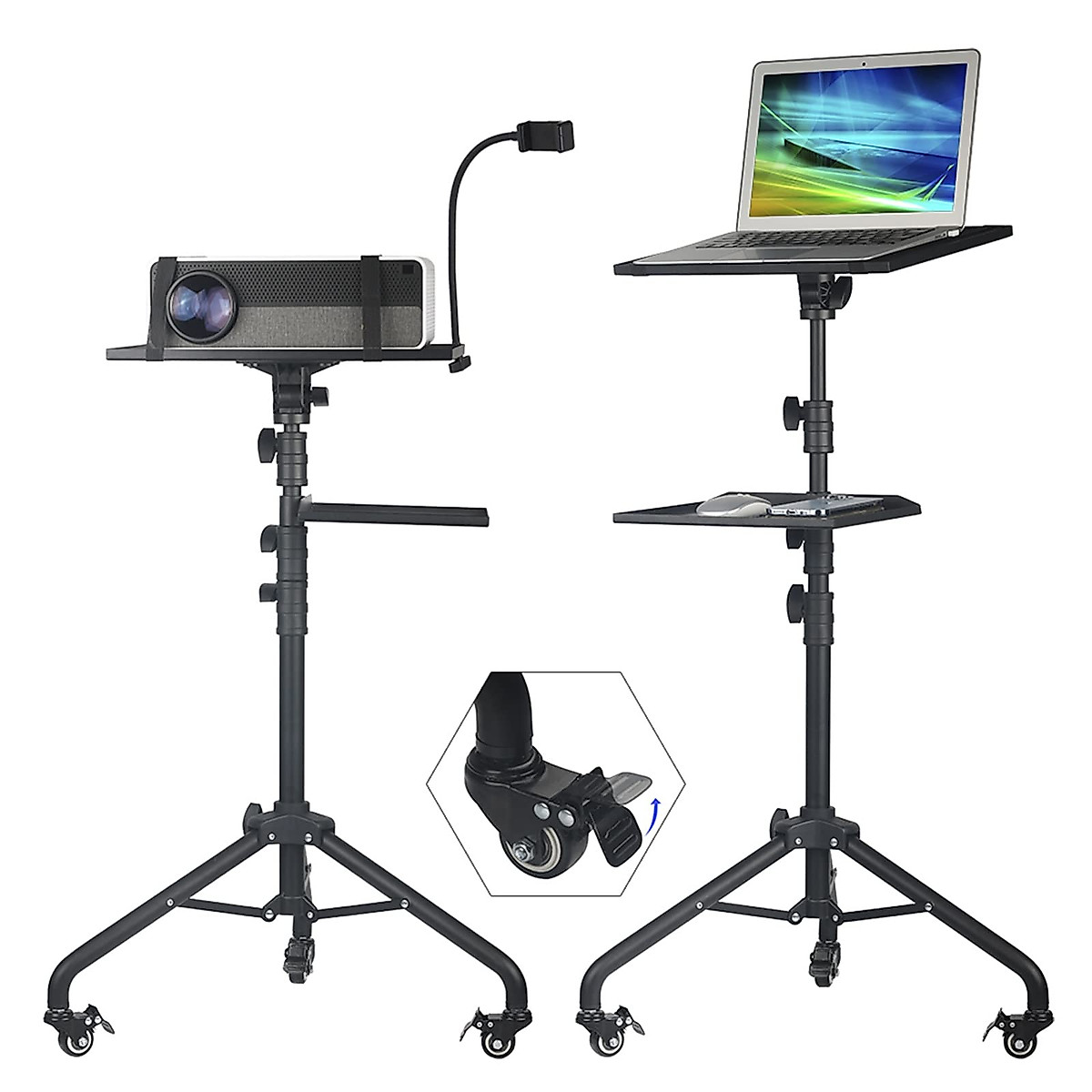 VIVEMCE Projector Stand Tripod on Wheels,Projector Tripod Stand Adjustable Height 29 to 52 Inch,with Removable Mouse Tray and Phone Holder,Portable Laptop Tripod Stand