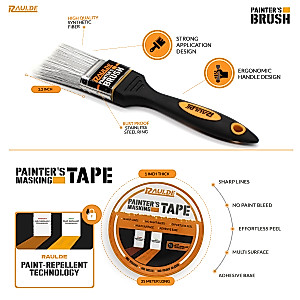 Raulde Paint Roller Kit of 10 Pcs - Includes a Paint Tray, Brush, Large and Mini Rollers & Sleeves, Paint Repellent Masking Tape, Paint Mixer - Roller Set for Painting Walls