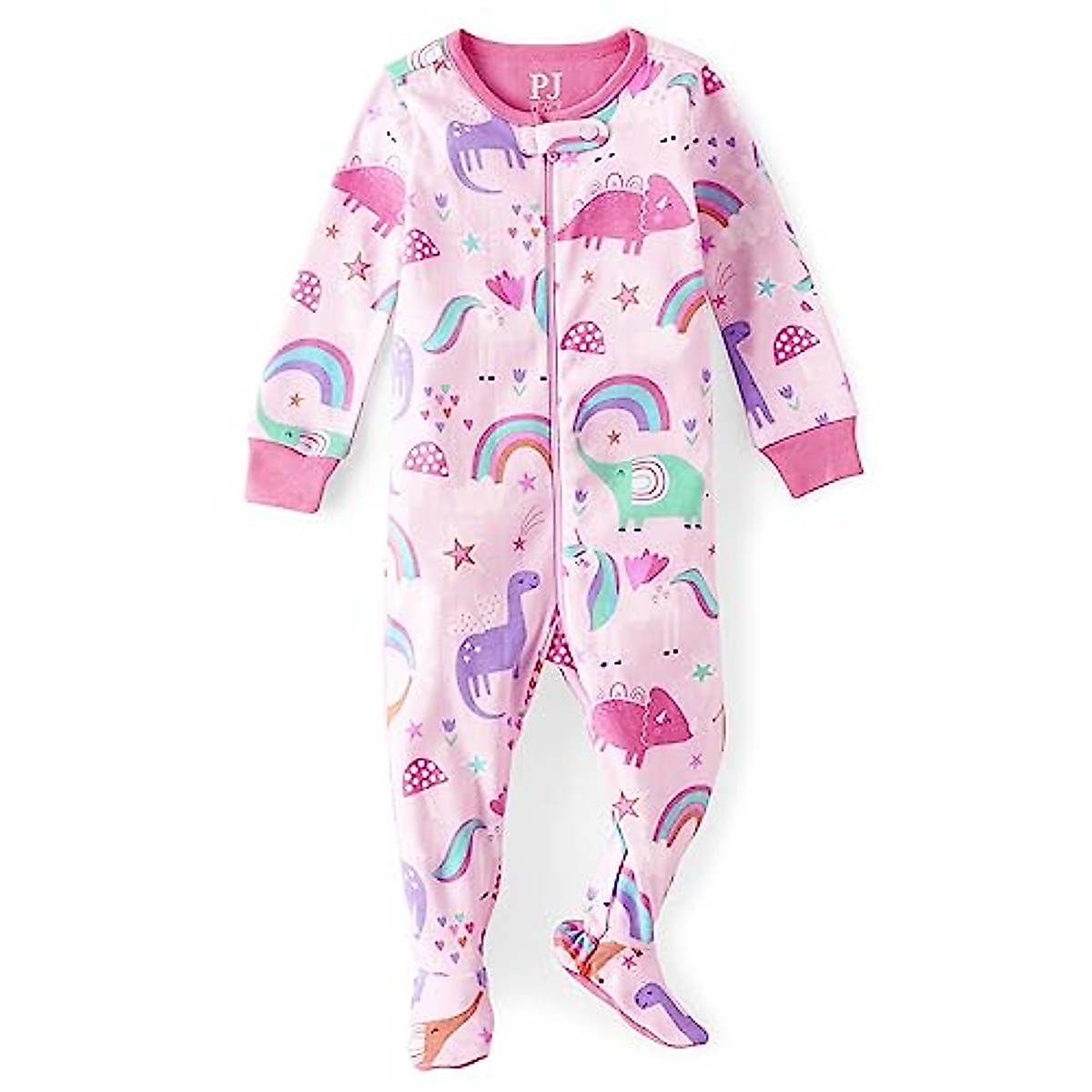 The Children's Place Baby Girls' and Toddler Snug Fit 100% Cotton Zip-Front One Piece Footed Pajama, Dinocorns