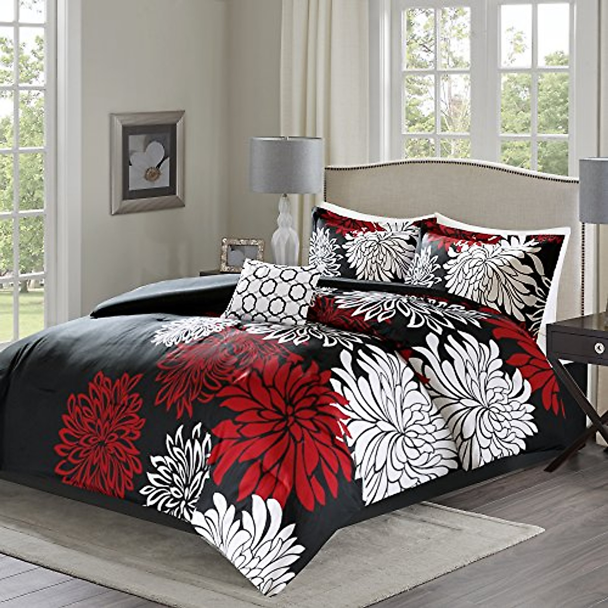 Comfort Spaces Enya Comforter Set-Modern Floral Design All Season Down Alternative Bedding, Matching Shams, Bedskirt, Decorative Pillows, Queen(90"x90"), Red/Black