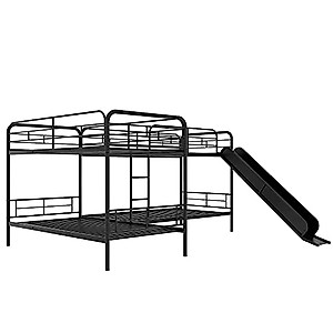 MOEO Twin Size L-Shaped Bunk Bed with Slide, Metal Bunkbed Frame w/Ladder & Safety Guardrail for 4, Bedroom, Home, No Spring Box Needed, Black