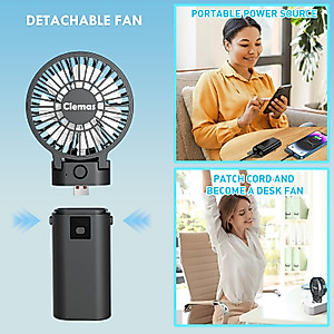 Clemas Handheld Rechargeable Fan - Long Life 10400mAh Battery Pack for Phone, Black, 3-in-1 Cordless, USB-C Charged, Foldable, Perfume Diffuse, Ideal for Lady Makeup, Travel & Outdoors, Lollipop