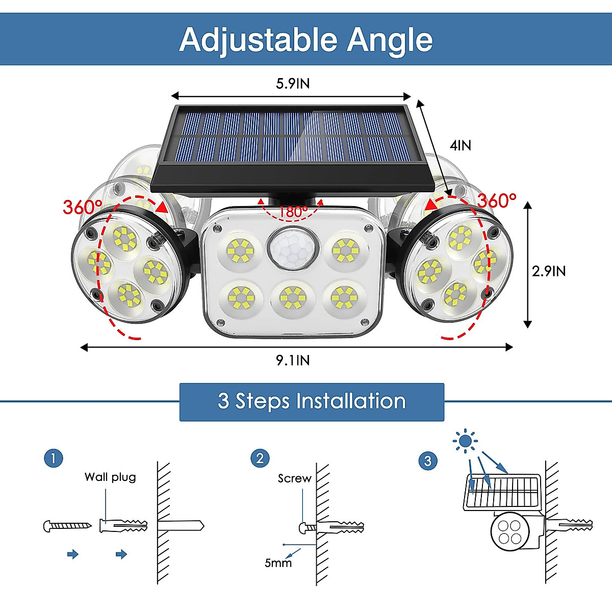 RJFOYB Motion Sensor Outdoor Lights, Adjustable 3 Heads Solar Outdoor Lights, 270° Wide Angle, IP65 Waterproof Security Lights Motion Outdoor for Garage Yard Garden Porch