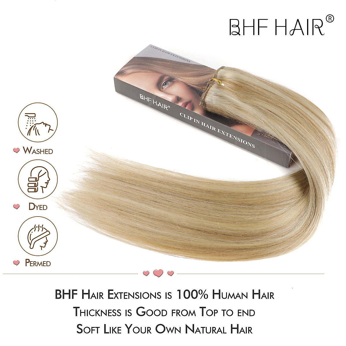 18" Clip in Clip in Remy Human Hair Extensions Light Color, Gold Highlights Blonde Human Hair Extensions, Double Weft Thickness to Ends, 100% Human Hair Extensions for Women, 6 Pieces 70g / 2.45oz.