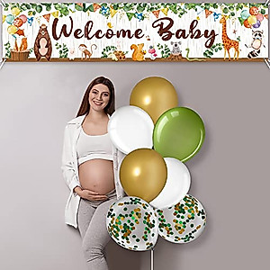 Woodland Baby Shower Decoration Gender Neutral Forest Decor Woodland Animal Baby Shower Party Supplies, Welcome Baby Banner Forest Creature Backdrop, Latex Confetti Balloon for Gender Reveal