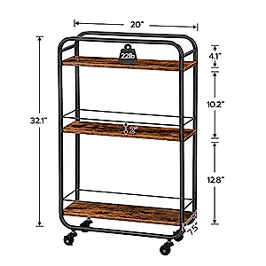 HOOBRO Slim Storage Cart, 3 Tier Serving Cart with Wheels, Trolley with Grids, Metal Frame, Sturdy and Stable, Rustic Brown BF18TC01