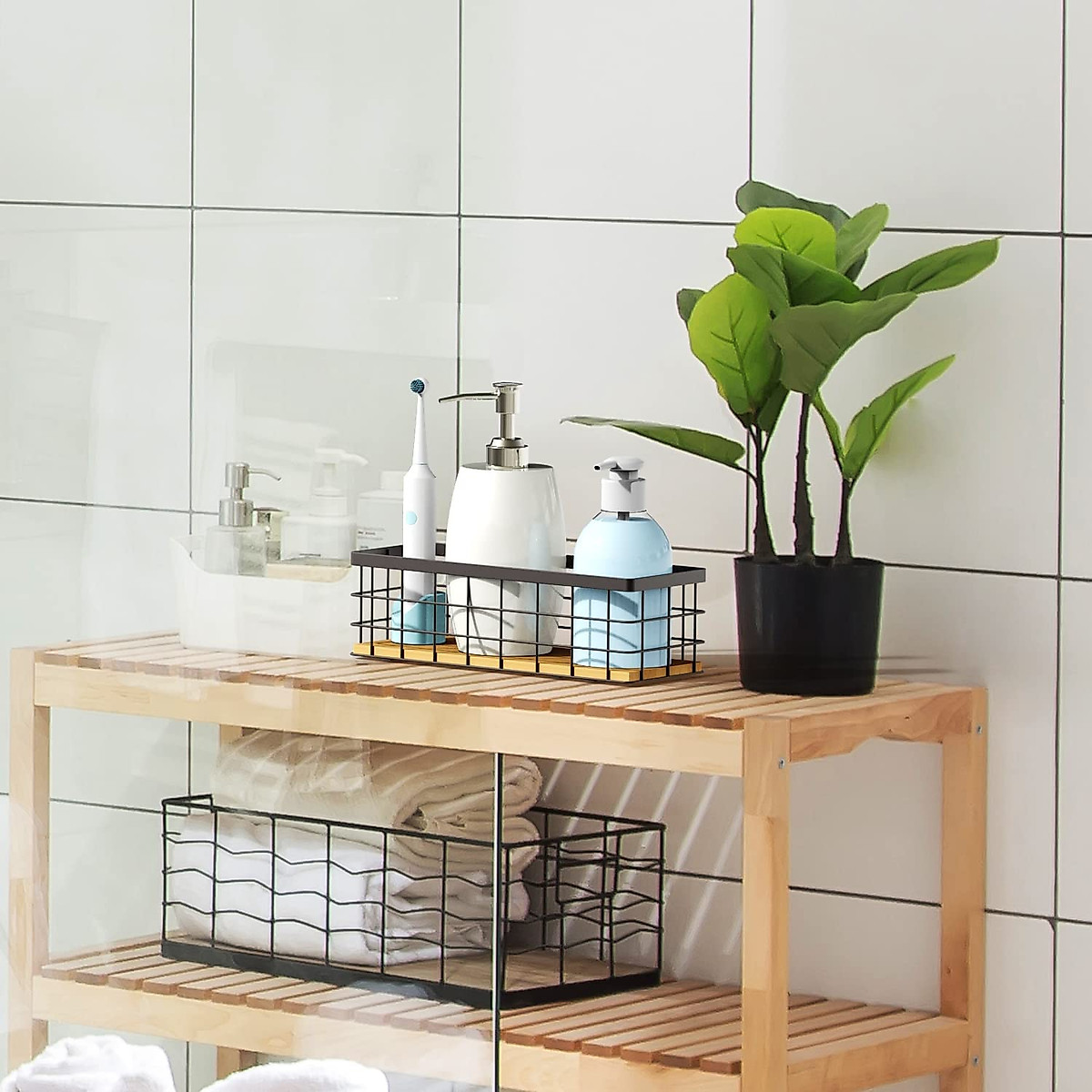 Brown Small Metal Wire Storage Basket, Detachable Wood Base, Cabinet Organization and Storage, for Pantry, Snack Drawer, Kitchen Cabinets, Bathroom