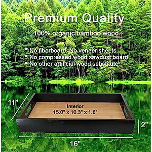 Bamboo Serving Tray with Handles (16" x 11" x 2") – Wood Serving Tray - Coffee Table Tray - Ottoman Tray - Decorative Display Tray In Black & Natural