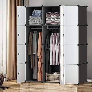 JKWAY DIY 12 Cube Storage Organizer with Doors, Portable Closet Wardrobe 14 in x18 Depth Cubes Clothes Organizer, Cabinet Book Shelf for Bedroom, , Office, Dorm Room (Black/White), (42 x56 )