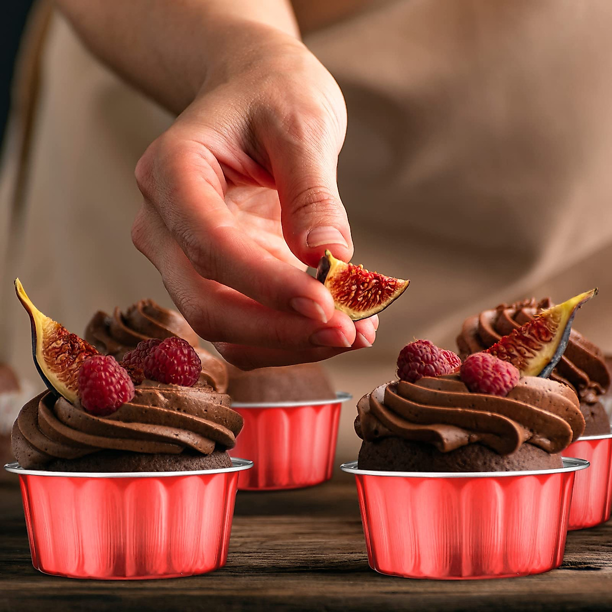 100 Pack Disposable Ramekins with Lids 8 oz Creme Brulee Ramekin Aluminum Foil Cup Cupcake Liner for Baking Disposable Muffin Tin Pan Cheesecake Container for Catering Wedding Party (Red, Silver)