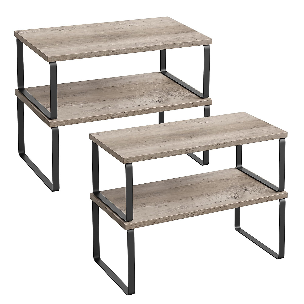 SONGMICS Cabinet Organizer Shelf, Set of 4 Kitchen Counter Shelves, Kitchen Storage, Spice Rack, Stackable, Expandable, Metal and Engineered Wood, Ink Black and Heather Greige UKCS022X02