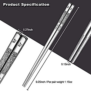 Ansnbo Stainless Chopsticks Reusable, 5 Pairs Premium Metal Chopsticks Dishwasher Safe Elegant Laser Engraved Non-slip Chop Sticks Pack Square Lightweight Chopstick Gift Set for Cooking Eating
