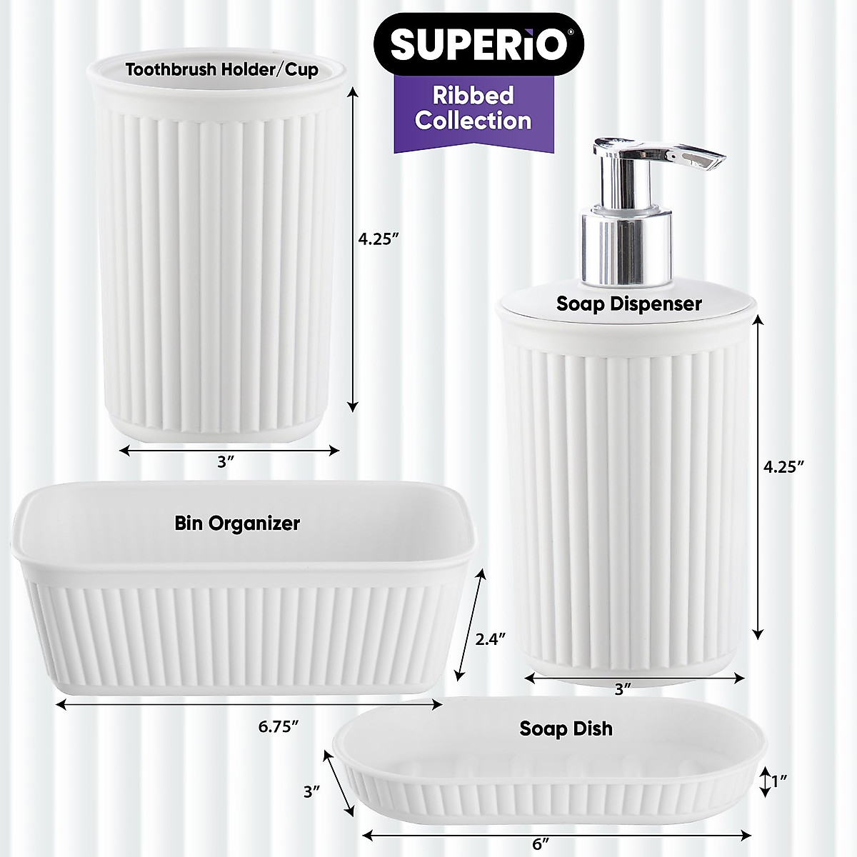 Superio Ribbed Collection - Decorative Plastic Bathroom Accessories Set, White (Set of 4) Soap Dish, Liquid Dispenser, Toothbrush Holder Cup, Vanity Organizer Tray Bathroom Countertop Decor Gift