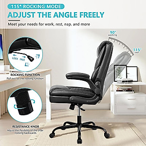 BestEra Office Chair, Executive Leather Chair Home Office Desk Chairs, Ergonomic Computer Desk Chair with Adjustable Flip-Up Arms, Lumber Support Swivel Task Chair with Rocking Function (Black)