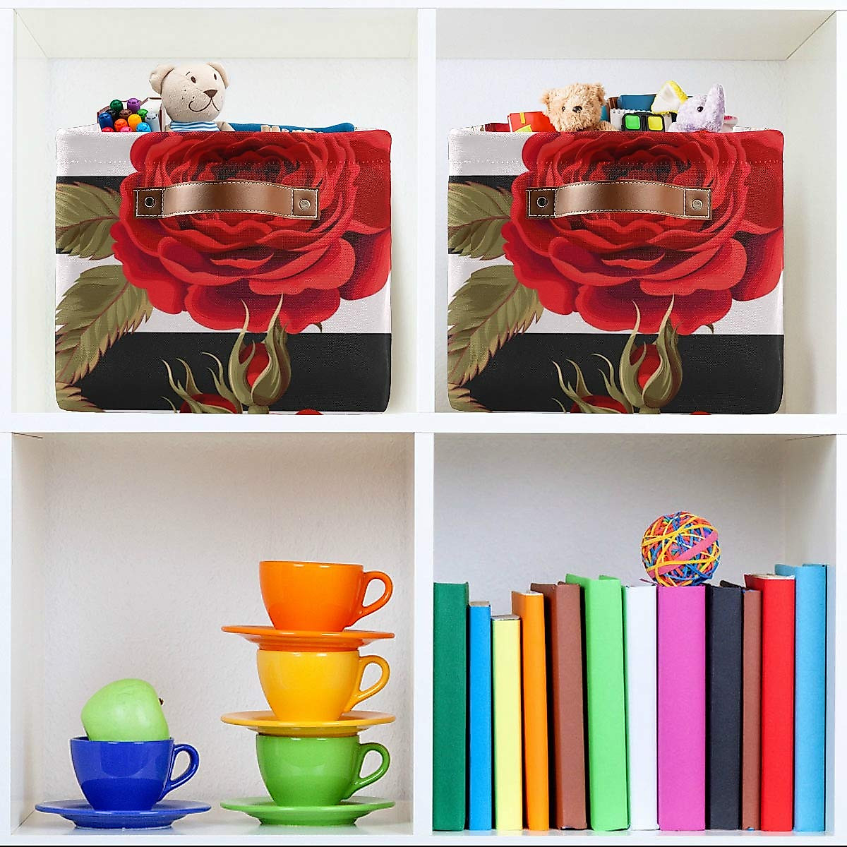 AUUXVA Red Rose Floral Flower Storage Basket Collapsible Cloth Storage Cube Basket Bins Organizer with Handles Rectangular Large Toys Shelf Closet for Nursery Bedroom Home Office