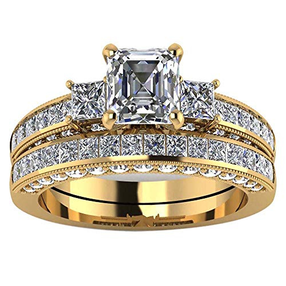 ringheart Couple Rings Three stone Yellow Gold Filled Princess cut Cz Womens Wedding Ring Sets Titanium Wedding Band