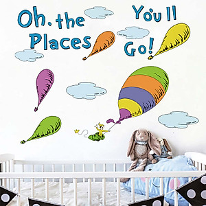 Runtoo Oh The Places You'll Go Wall Art Decal Inspirational Quotes Hot Air Balloon Wall Stickers Kids Reading Room Playroom Bedroom Wall Decor