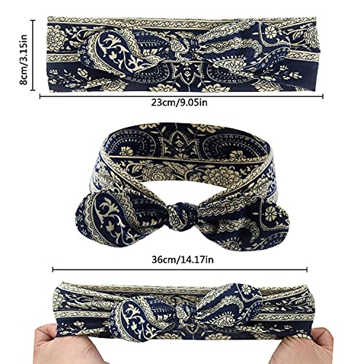 Carede Bandana Headband for Women Vintage Paisley Knot Headbands Bow Headband Elastic Cute Hair Band,Pack of 6