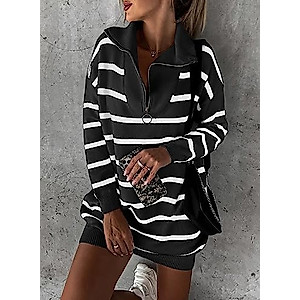 Sidefeel Women's Casual Striped Sweater Dress Fall Winter 2023 Half Zip V Neck Knitted Loose Mini Dress Long Sleeve Pullover Jumper Sweaters Black Large