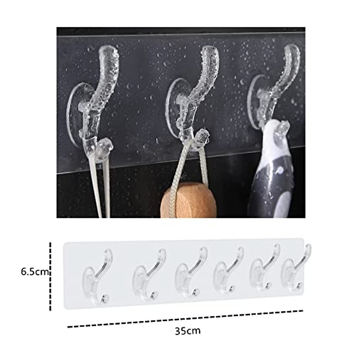 6 Pack Multifunctional Transparent 6 Hooks,Adhesive Row Hooks,Self Adhesive Sticky Hooks Waterproof Transparent Hooks,Kitchen Bathroom Hooks Waterproof Wall Hooks,Seamless Reusable