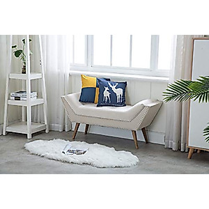 Kmax Upholstered Bedroom Bench with Arms, Button Tufted Velvet Fabric Vanity Bench with Nailhead Trim & Rubber Wood Legs, Cream