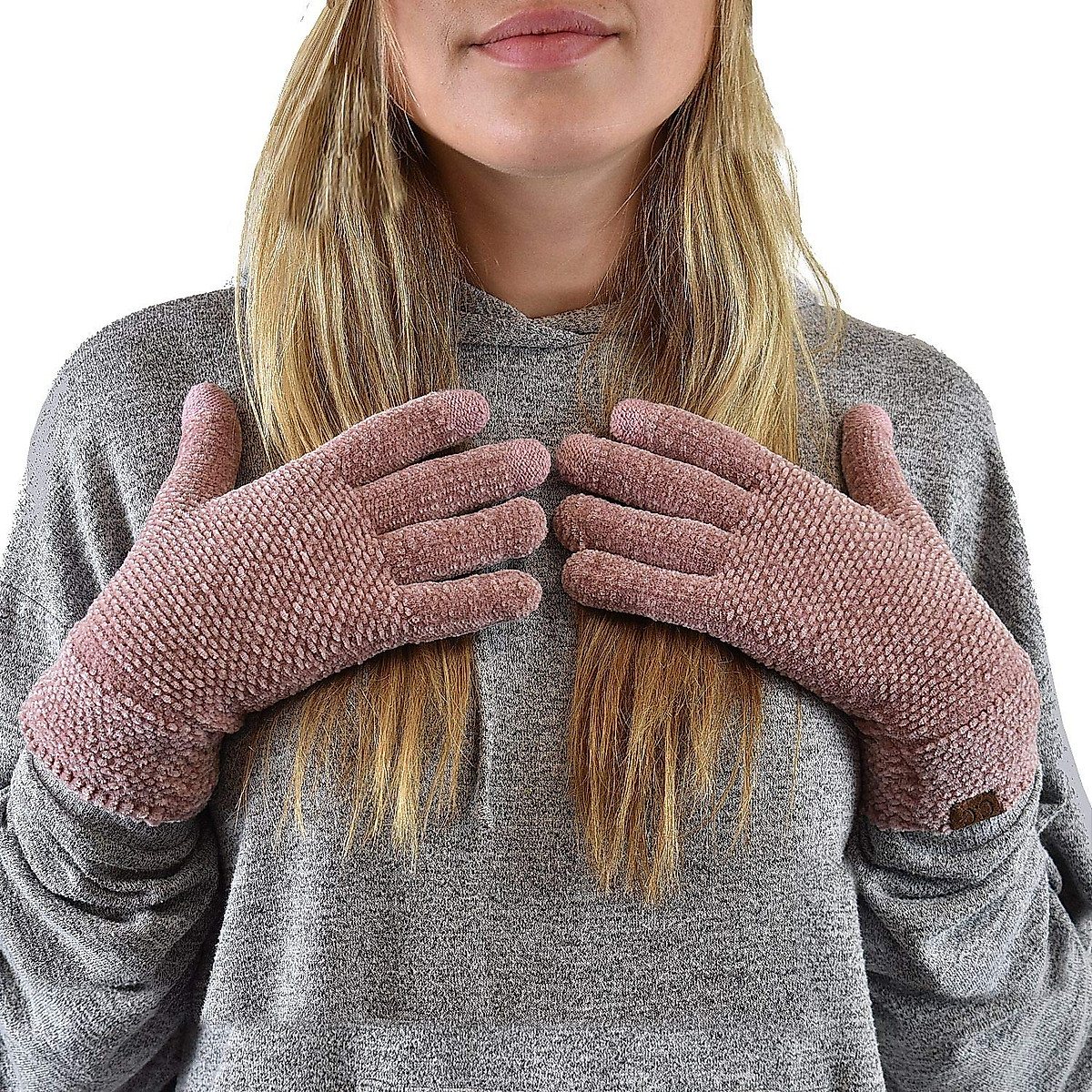 C.C Winter Warm Eco-Friendly Knit Chenille Touchscreen Texting Gloves, Rose