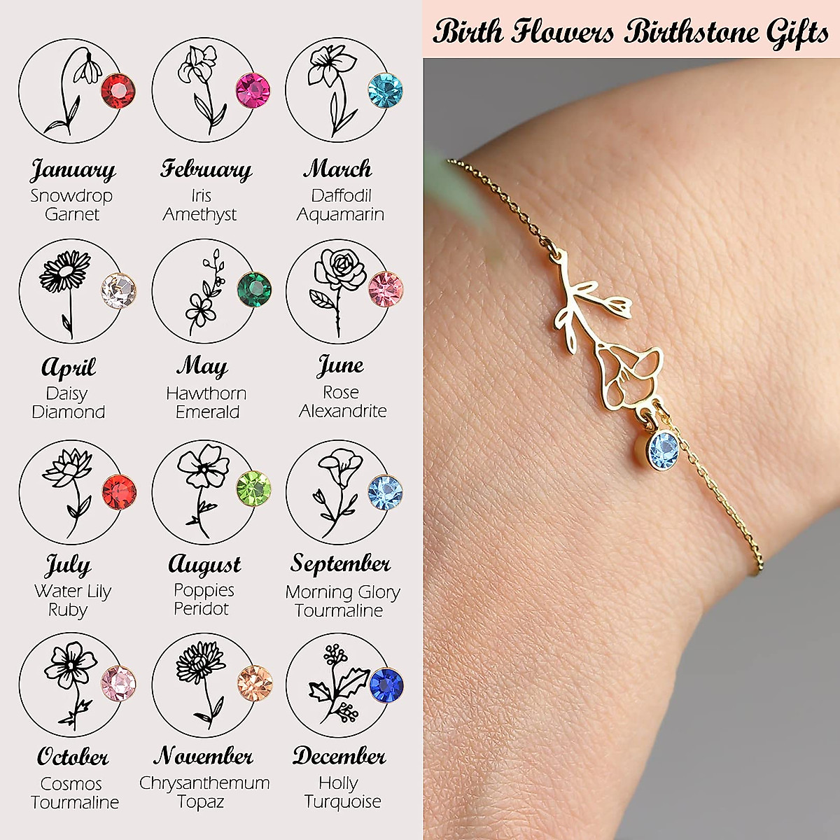 Nupdot March Birth Flower Bracelets, 14K Gold Plated Birth Month Daffodil Floral Birthstone Charm Bracelets Wildflower Jewelry Mar. Birthday Gifts for Women