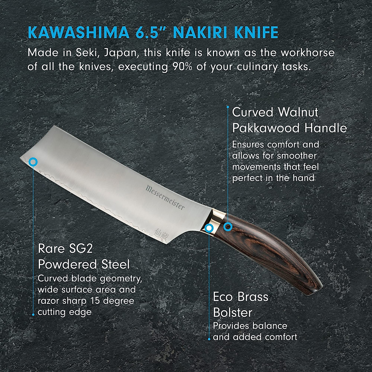 Messermeister Kawashima 6” Nakiri Knife - SG2 Powdered Steel, Eco-Brass Bolster & Walnut Pakkawood Handle - Made in Seki, Japan