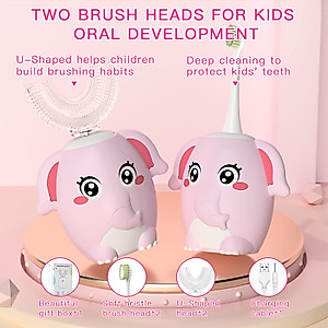 ELOTAME Kid Electric U Shaped Toothbrush with 4 Soft Brush Heads Rechargeable Children Toothbrush with 6 Cleaning Modes IPX7 Waterproof - (Age 2-7 Pink)
