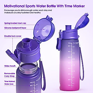 Y&3 32oz Motivational Fitness Sports Water Bottle With Time Marker, BPA Free Tritan Plastic, Leakproof Flip Top, For Gym, Outdoor, Office Work (Purple/Red Gradient, 32oz)