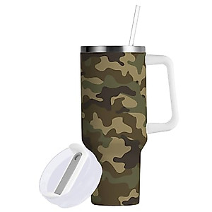 GKCLOCK 40 oz Tumbler with Handle and Straws, Insulated Reusable Stainless Steel Travel Coffee Mug Water Bottle for Office & Outdoor, Cupholder Friendly (Green Camouflage Style)