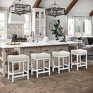 KATDANS Bar Stools Set of 2, 24" Counter Height Saddle Bar Stools, Upholstered PU Leather Bar Stools for Kitchen Island, Mid Century Modern Backless Barstools with Metal Base, KS861P-Cream, 2Pcs