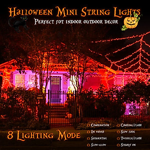 Orange Lights, 2 Packs Each 66 Feet 200 LED Solar Fairy Lights, Halloween Lights Outdoor with 8 Modes, Waterproof Twinkle Fall Lights for Patio Yard Trees Party, Black Wire