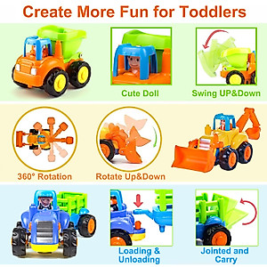 Yiosion Push and Go Friction Powered Cars Construction Vehicles Toy Set Tractor Bulldozer Mixer Truck Dumper for 1 2 3 Year Old Baby Toddlers Boys Gifts