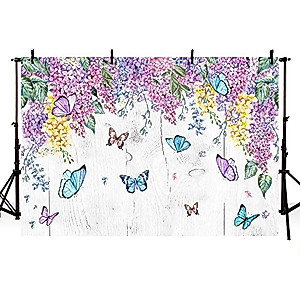 ABLIN 7x5ft Spring Butterfly Photography Backdrop for Birthday Baby Shower Party Decorations Purple Flowers Wood Background Wedding Photo Backdrop Shoot Props (CQ236)