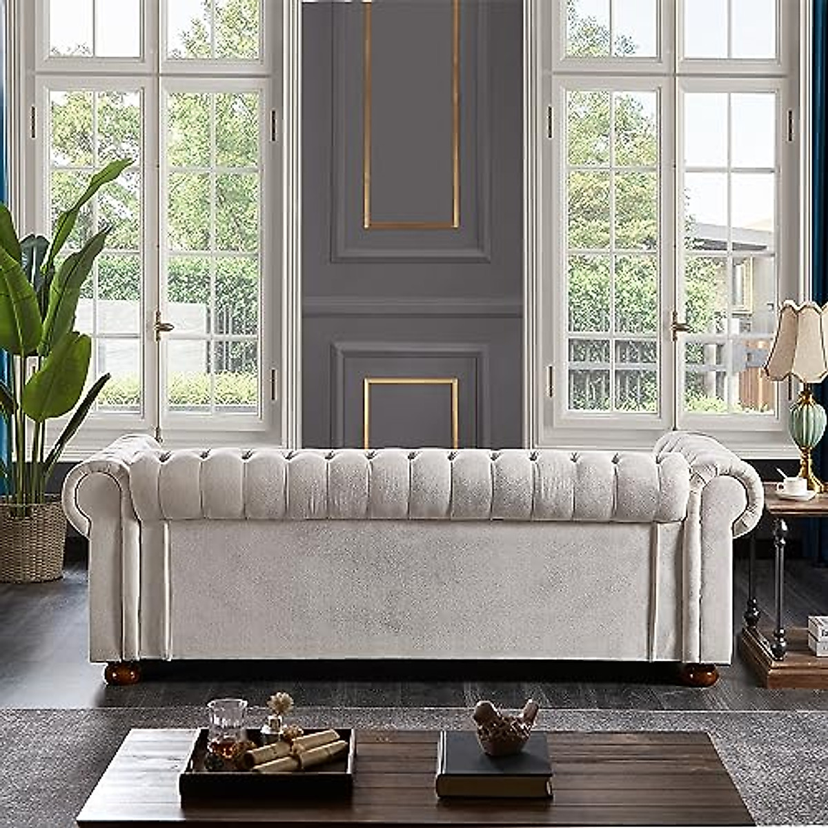 ERYE Clasic Chesterfield 3 Seaters Sofa Couch W/Luxury Roller Armrest Soild Wood Legs Linen Fabric Upholstered Button Tufted Sofa&Couch with Removable Cushions & Nailhead Decor